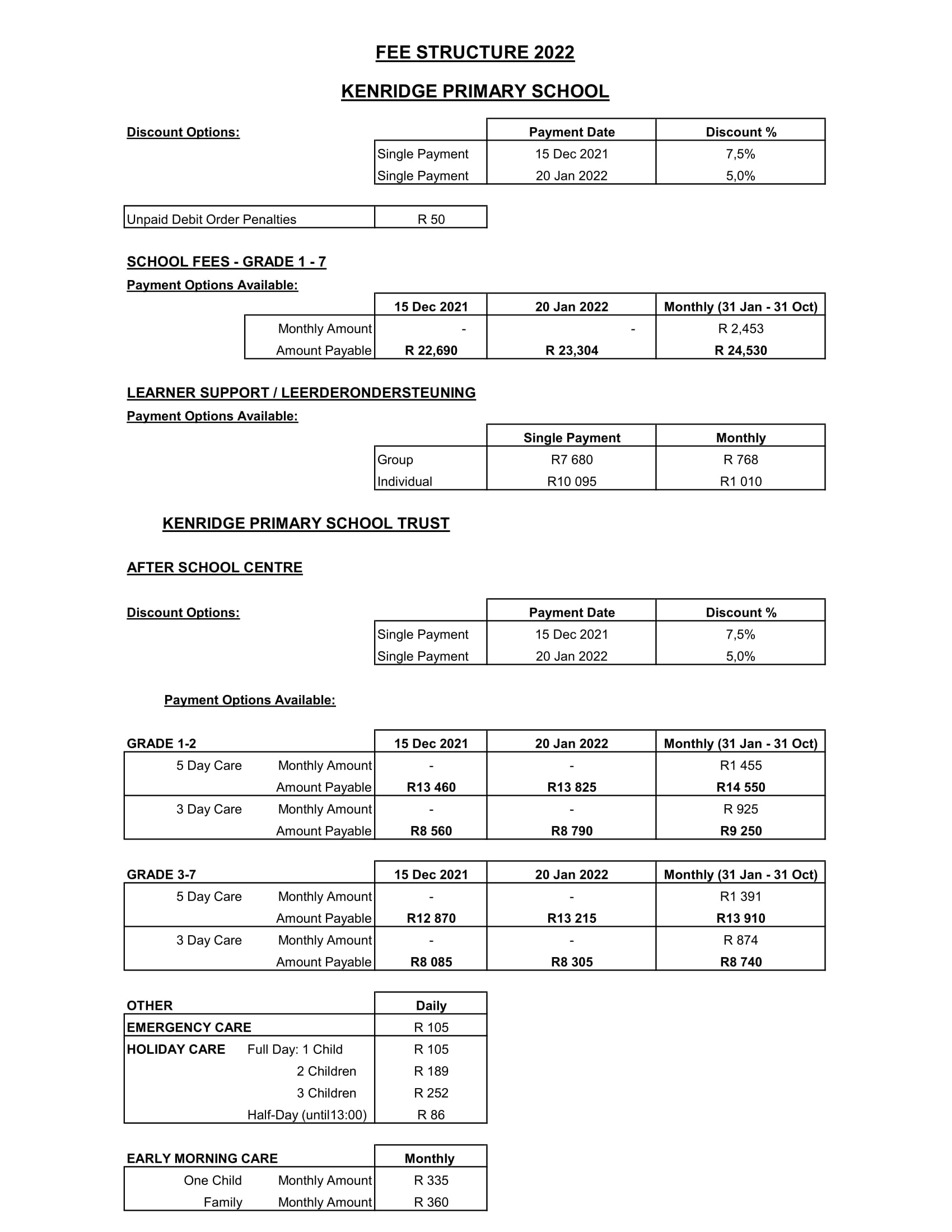 School Fee Structure – Kenridge Primary School