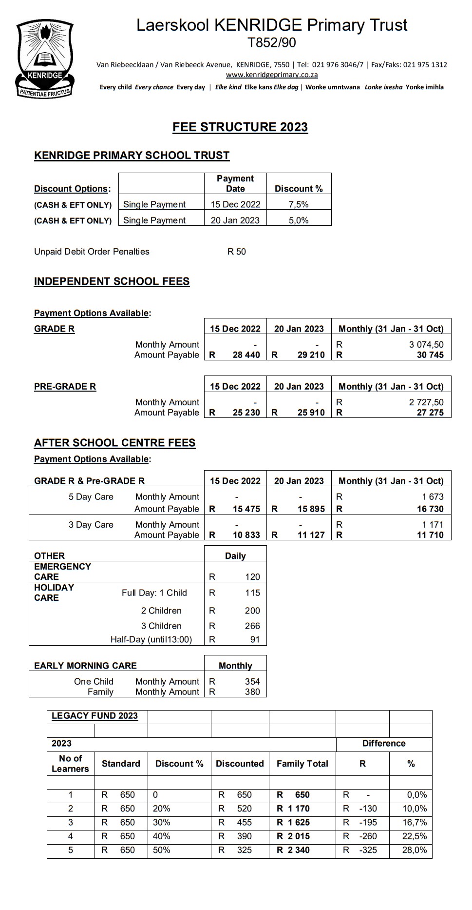 School Fee Structure – Kenridge Primary School