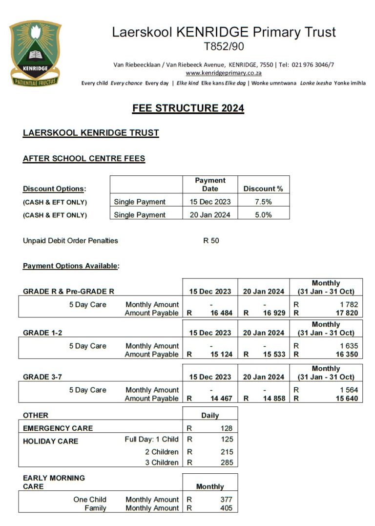 School Fee Structure – Kenridge Primary School